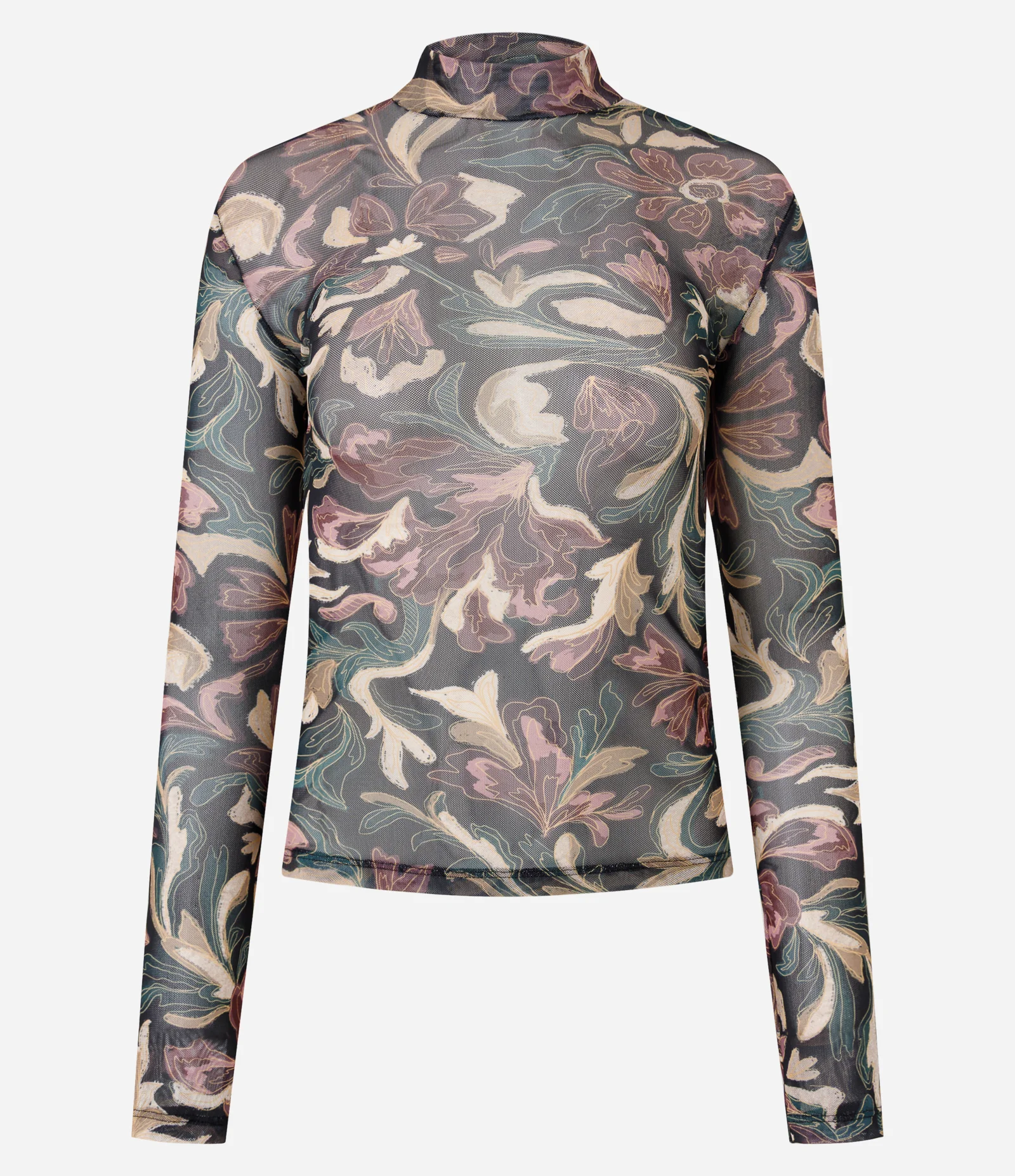 Blusa em Tule com Estampa Floral e Gola Alta Preto