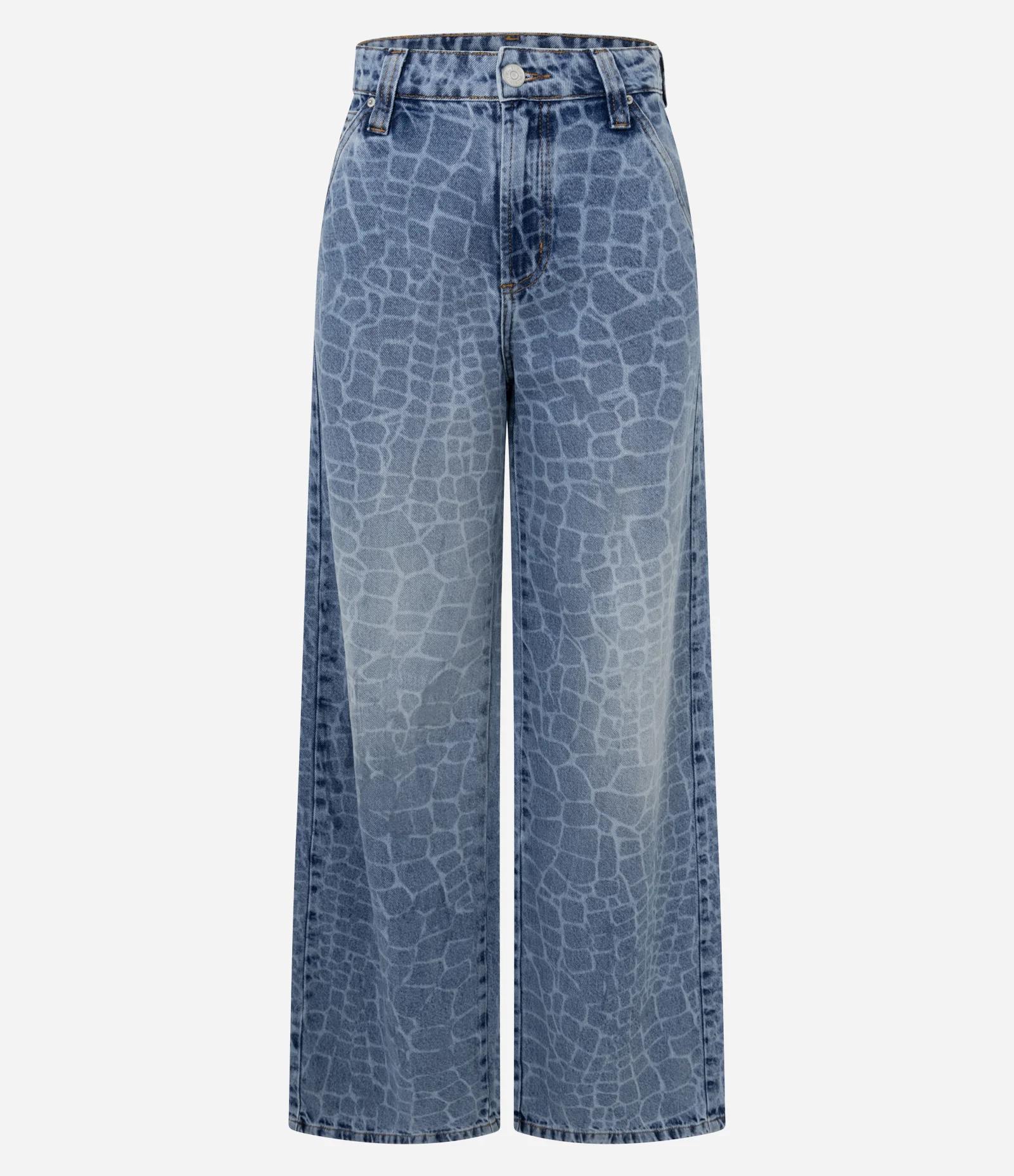Calça Wide Leg Jeans com Efeito Croco em Laser e Cintura Alta Azul